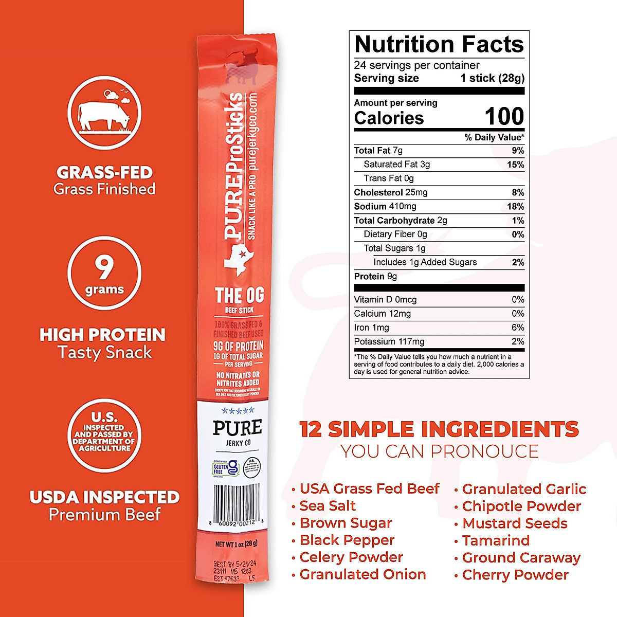 PureProSTICKS - 24 pack of Low Sugar 100% Grass Fed Beef Sticks - Original Flavor Mild - Delicious Gluten Free Beef Snack - High Protein Keto & Paleo Friendly - 24 Beef Sticks