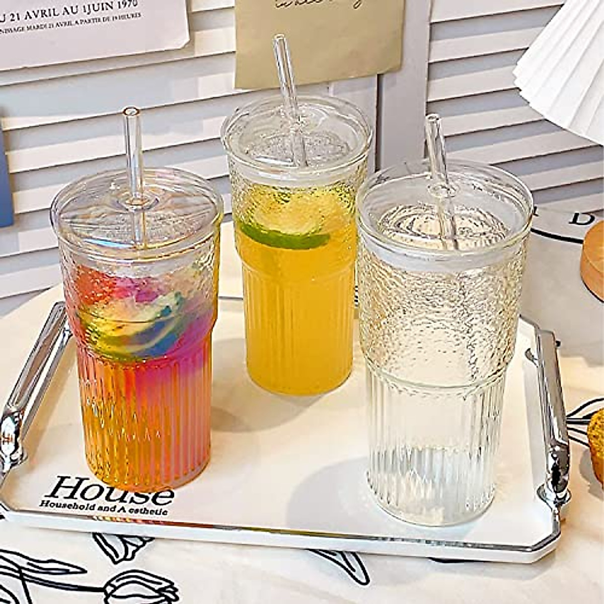 CAYOREPO 2 Packs 20 oz Glass Cups with Lids and Straws, Glass Coffee Tumbler, Tumbler Water Glass, Water Bottle, Thick Wall Glass Coffee Mug Iced Tea Cup (Clear (2Pcs 20oz))