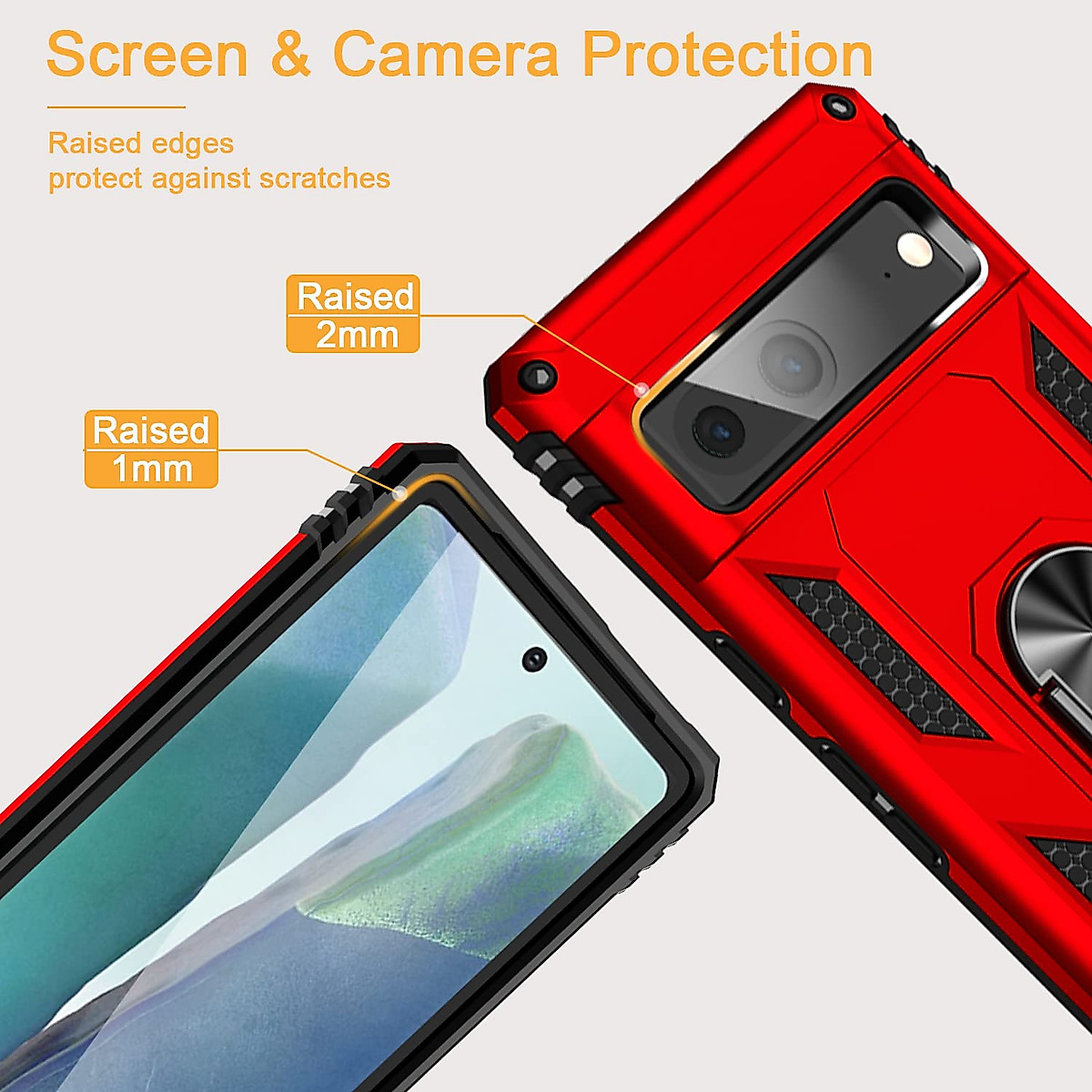Muntinfe for Google Pixel 7 Case with Tempered Glass Screen Protector [2 Pack], Military-Grade Armor Shockproof Protective Phone Case Cover with Ring Magnetic Kickstand for Pixel 7, Red