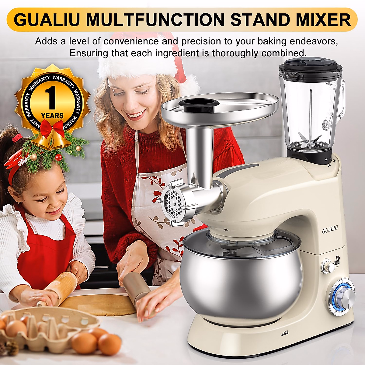 GUALIU 7-IN-1 Stand Mixer, 6+P Speeds Kitchen Electric Mixer, 5.3QT Stainless Steel Bowl Mixer With Dough Hook, Whisk, Beater, Meat Grinder, Blender, Multifunctional Household Kitchen Mixer