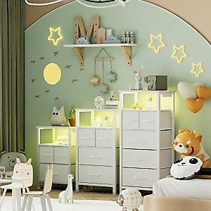 Furnulem 4 Drawer Dresser with Led Light and Charging Station, White Night Stand with Storage Shelf and Fabric & PVC Drawer, 33 Inch Bedside Table, Tall Nightstand for Entryway, Bedroom Furniture