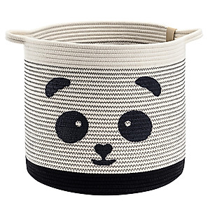 ART pinecone cotton rope basket oval woven storage basket, Cute Dog Toy Basket Cotton Basket Baby Nursery Hamper Shelf Decorative Bin,15"L x 10"W x 9"H (cute Panda, Black & White)
