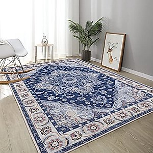 Wemina Vintage Bohemian Area Rug Non-Slip Traditional Oriental Rug Distressed Floral Medallion Accent Throw Carpet for Door Mat Entryway Bedroom Bathroom Kitchen Decor，Blue, 3’X 5’