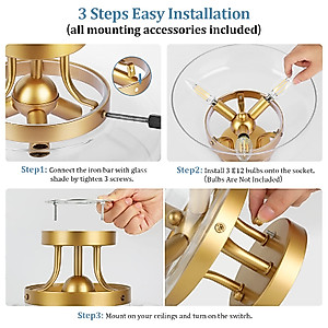 3-Light Gold Semi Flush Mount Ceiling Light Fixture, Modern Drum Glass Shade Ceiling Lamp for Living Room, Kitchen, Bedroom, Hallway, Bathroom, Laundry - E12 Socket, No Bulbs