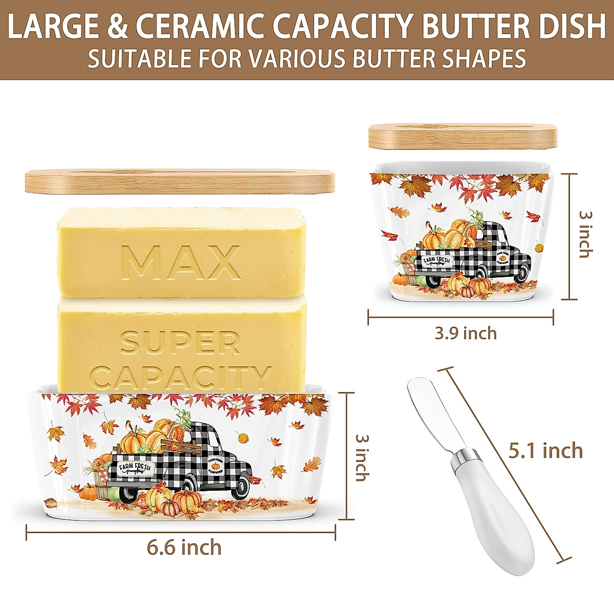 Thanksgiving Decorations Indoor Butter Dish with Lid&Knife, Thanksgiving Gifts for Women Farmhouse Fall Truck Large Ceramic Butter Dishes for Counter, Butter Keeper with Thick Acacia Wood Lid