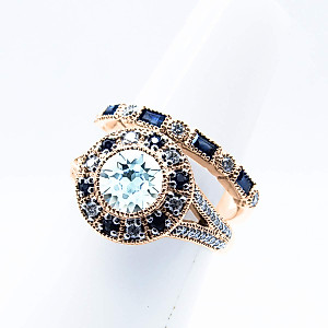 Dazzlingrock Collection 6mm Centre Round Aquamarine with Round White Diamond & Baguette Alternating Blue Sapphire Halo Miligrain Wedding Ring Set for Women in 10K Rose Gold Size 9.5