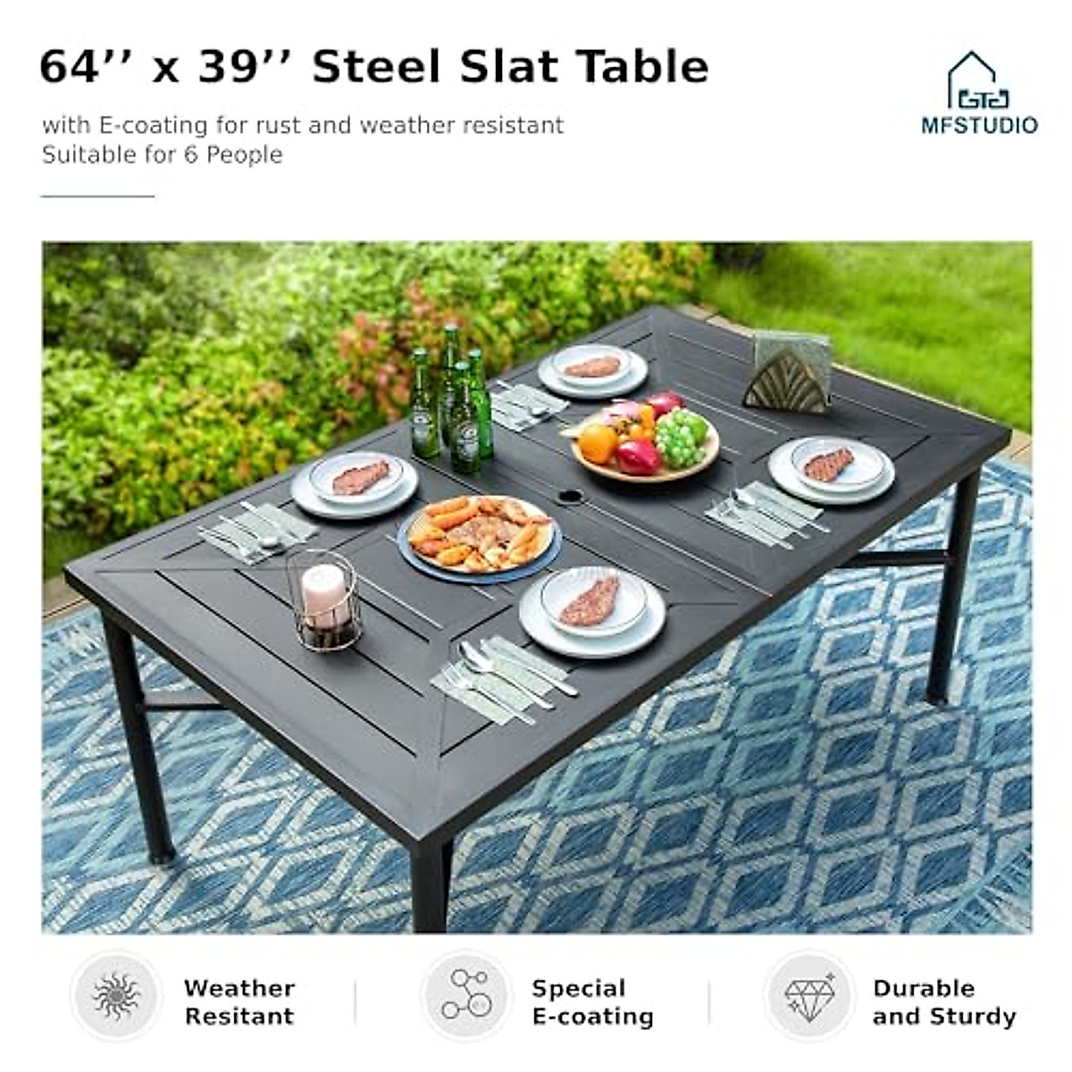 MFSTUDIO 7 Pieces Outdoor Patio Dining Set for 6, Steel Frame Slat Larger Rectangular Fretwork Table with 1.7" Umbrella Hole and 6 Metal Mesh Chairs for Backyard, Garden, Lawn