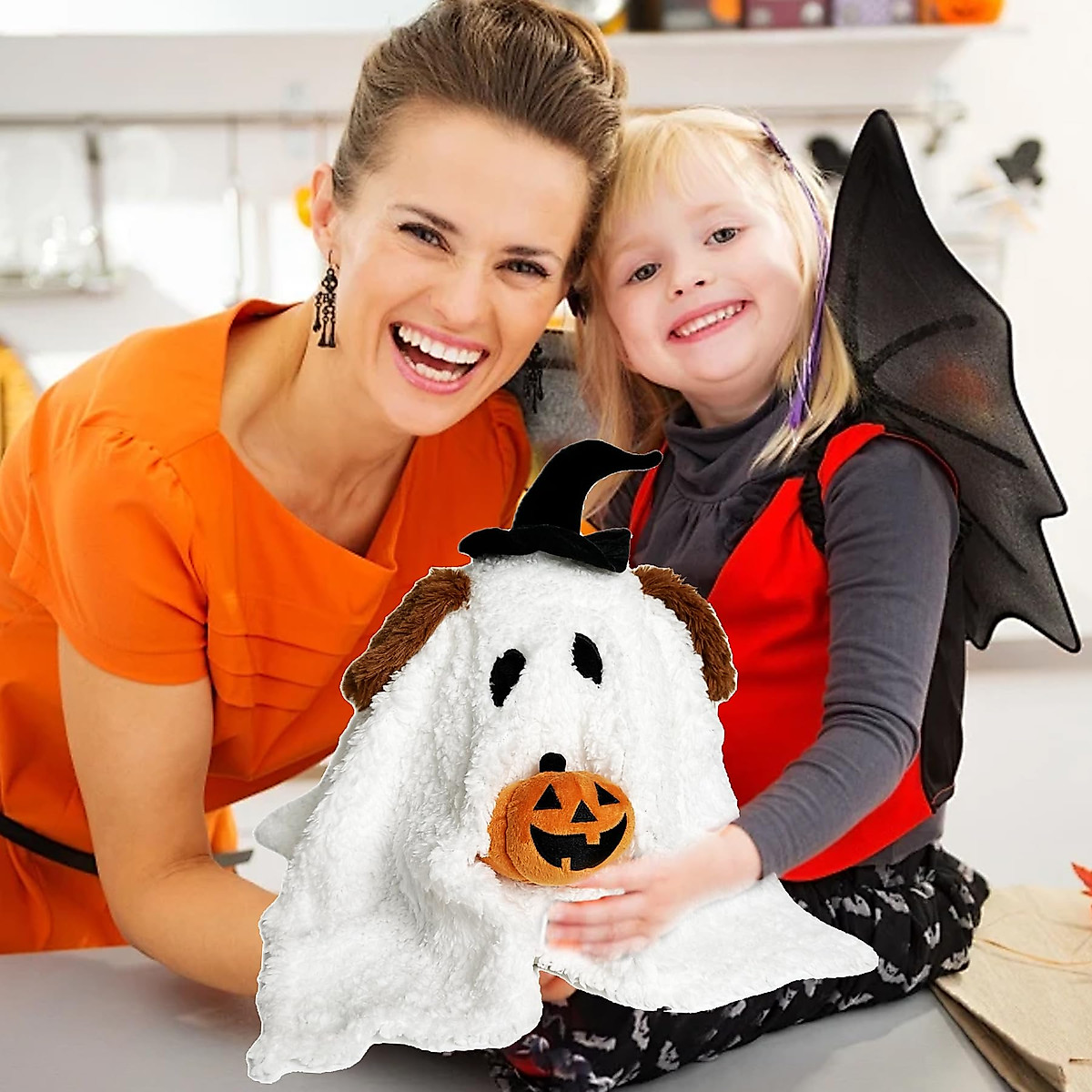 Rdogeia Ghost with Pumpkin Pillow,Dog Ghost Holding Pumpkin Plush,Cute Halloween Toys Halloween Stuffed Animal,Halloween Party Favors,Halloween Treat Bag Stuffers Gifts Kids Boys Girls