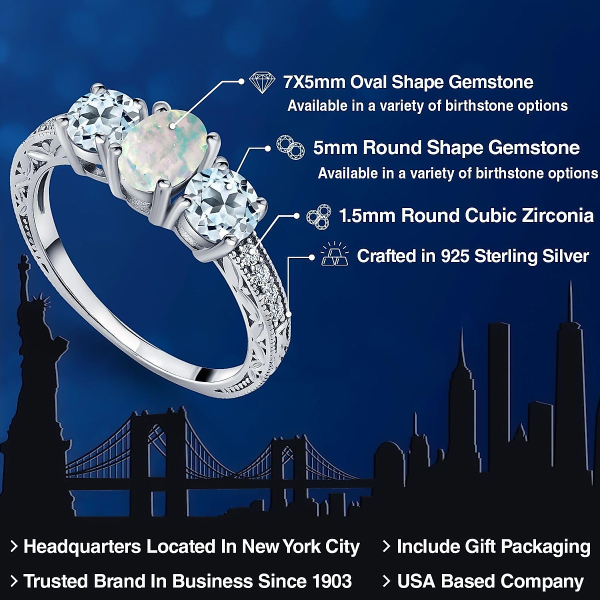 Gem Stone King 925 Sterling Silver White Simulated Opal and Sky Blue Topaz Ring For Women (1.75 Cttw, Oval Gemstone Birthstone, Available In Size 5, 6, 7, 8, 9)