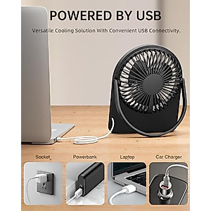 buywoo Portable USB Desk FAN, USB-A Corded Powered Small Personal Fan with 3-speed, Hangable Mini Foldable Desktop Fan with Strong Wind, Ultra Quiet for Home, Office, Desktop, Black