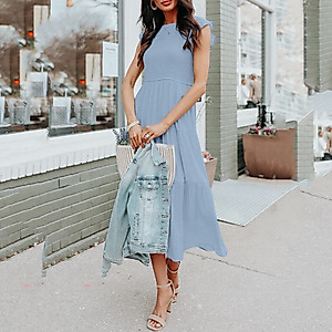 Sundresses for Women Cap Sleeve V Neck Dress Belt Wrap Split Boho Floral Dresses Wedding Party Maxi Sundresses Sky Blue