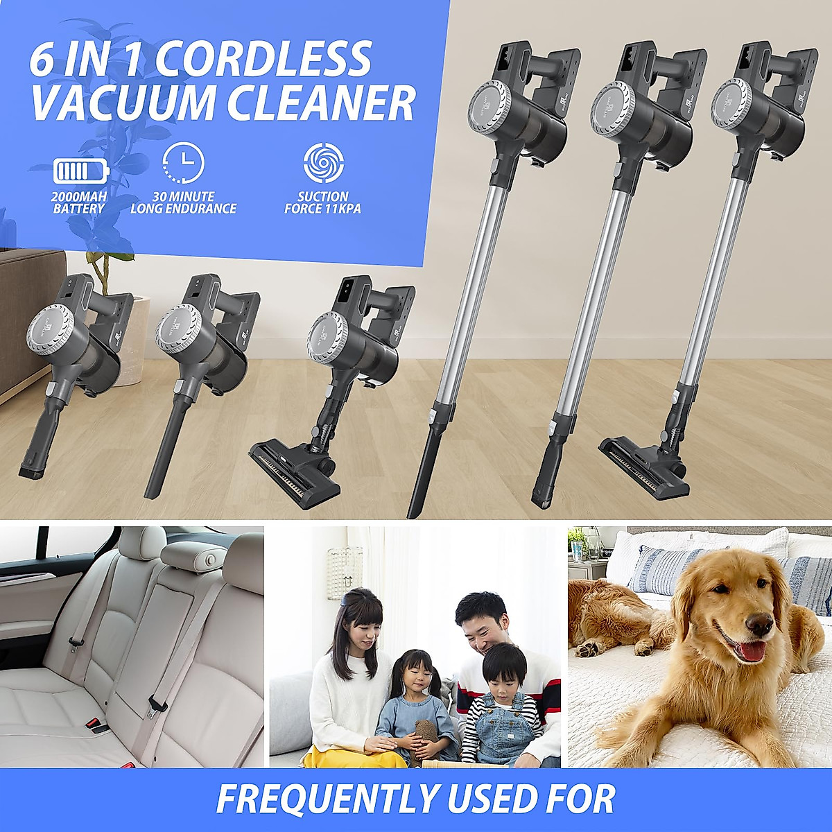 EFAN Cordless Vacuum Cleaner, 6 in 1 Stick Vacuum Cleaners for Home Carpet Hardwood Floor, Wireless Household Vaccum with HEPA Filtration, 16Kpa Powerful Suction, Up to 30mins Runtime, LED Headlight