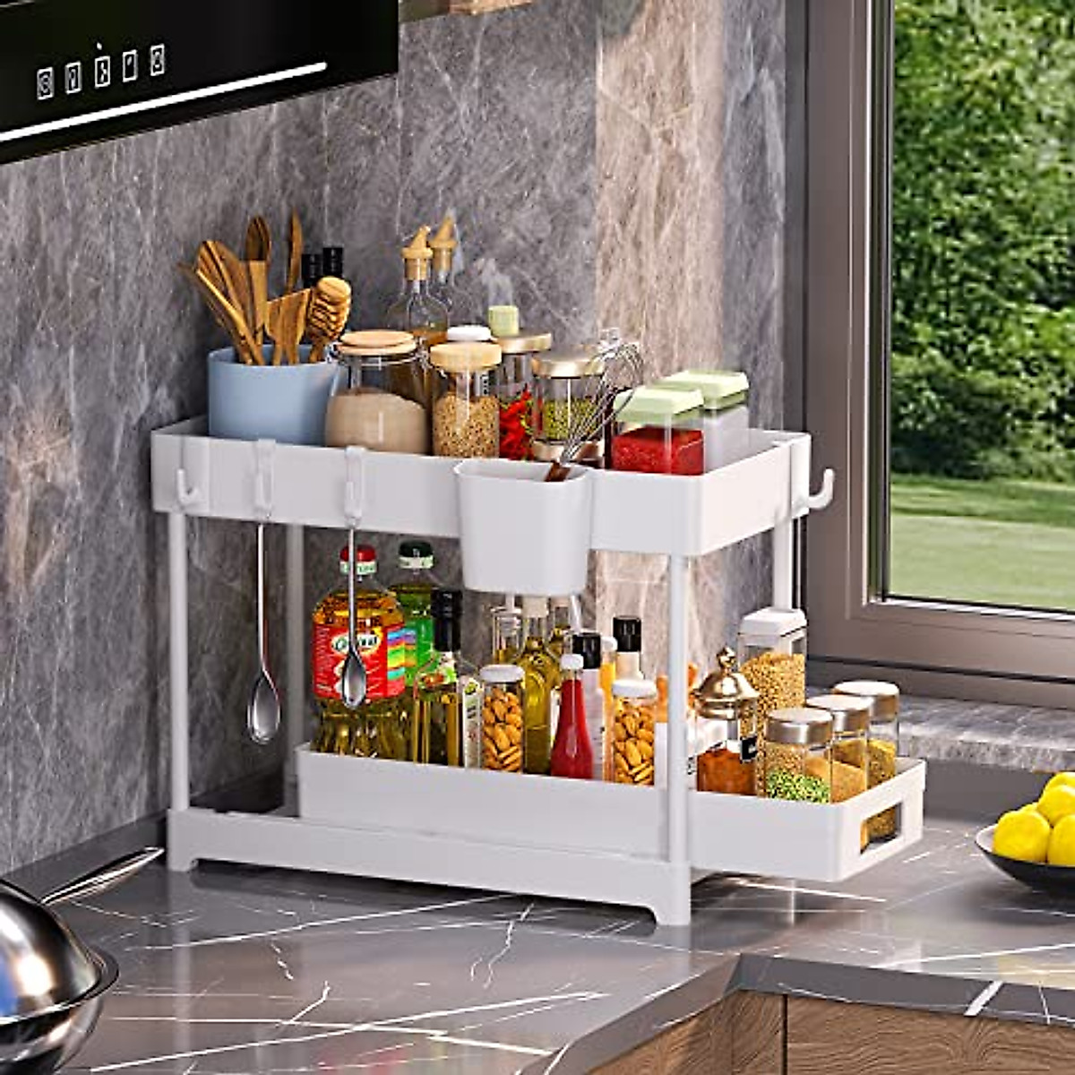 XEAPOMS Under Sink Organizers and Storage, 2 Pack Multi-Purpose Under Sink Organizer with Sliding Storage Drawer, 8 Hooks & 2 Hanging Cups, 2 Tier Under Sink Storage for Cabinet Bathroom Kitchen,White