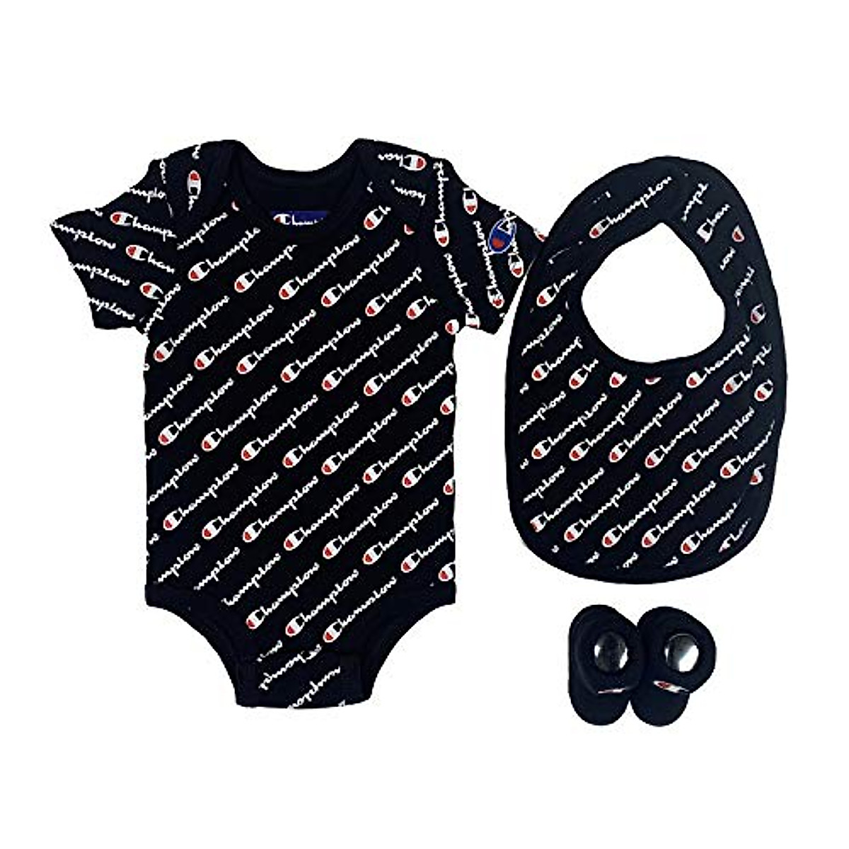 Champion Unisex Baby 3-PC Box Set Includes an Infant Body Suit, a Bib Or Hat & Pair of Booties in Colors and Size 0-6M, All Over Script-Black 001, 0-6