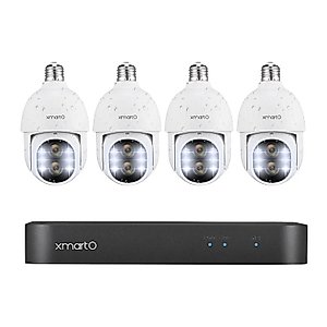 xmartO Dual-Lens 10X Zoom Light Bulb Security Camera System Wireless Outdoor with AI Auto Tracking Pan/Tilt/Zoom, 24/7 Auto-Following Monitor, E27 Power (4K 10CH 4-Camera Set)