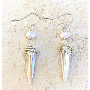 Natural Baroque Pearl and Shell Spike Dangle Earrings, Cultured Pearl, Natural Shell, Sterling Silver Ear Wire, Pearl White, Handmade -2~2 1/4 Inches Long with Ear Wire