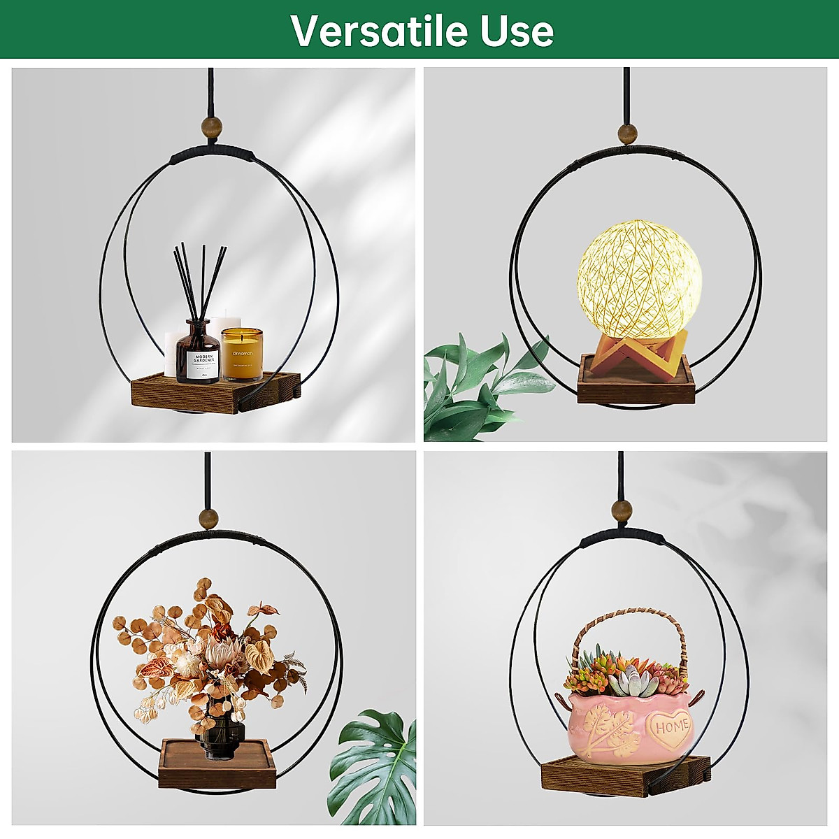 hismocal Hanging Planters for Indoor Plants, Black Plant Hanger Indoor with Sturdy Wood Base, Modern Boho Macrame Plant Hanger, Hanging Wall Ceiling Window Home Decor (Plants/Pots Not Included)