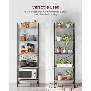 VASAGLE Ladder Shelf, 5-Tier Bookshelf, Storage Rack, Bookcase with Steel Frame, for Living Room Home Office, Kitchen, Bedroom, Industrial Style, Camel Brown + Black