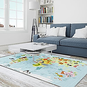 Kids Area Rug World Map Cute Animal Rugs Educational Floor Carpet for Boy Girl Machine Washable Area Rugs for Living Room, Bedroom, Playroom,8' x 10', Blue