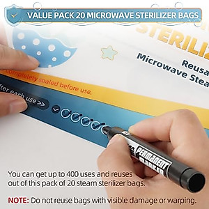 (20-Pack) Microwave Baby Bottle Sterilizer Bags - Reusable Up to 20 Times Teether, Soother, Breast Pump, and Baby Bottle Microwave Steam Cleaning Bags - Baby Bottle Cleaner Travel Accessory