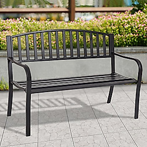 Giantex Outdoor Bench, 50” Patio Garden Bench with Steel Frame, Slat Design, 500 Lbs Weight Capacity, Patio Seating Bench for Porch, Backyard, Poolside, Outside Decor Furniture, Park Loveseat, Black