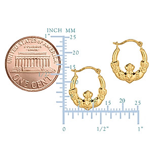 10k Yellow Gold Shiny Claddagh Design Hoop Earrings, Diameter 15mm