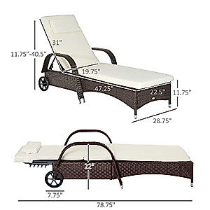 Outsunny Reclining Chaise Lounge Chair, Thickly Cushioned, Headrest, Armrests, Rolling Outdoor Plastic Rattan Sun Bathing Chair with Wheels for Poolside, Pool, Patio, Mixed Brown