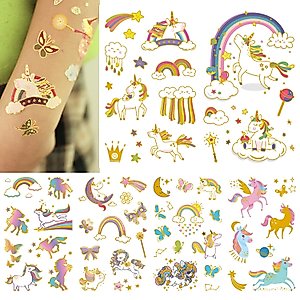 Yarlilyan 60+ Unicorn Metallic Gold Colorful Temp Tattoos Cartoon for Birthday Party Favor Gilded Temporary Tattoo Sticker, Magic Fantasy Stars Cloud Rainbow Waterproof, 3 Inch x 4.7 Inch, 6.0 Count