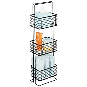 mDesign Slim Metal Wire 3 Tier Free-Standing Bathroom Shelving Unit, Small Narrow Storage Organizer Tower Rack with 3 Basket Bins - Holds Tissues, Hand Soap, Toiletries - Matte Black