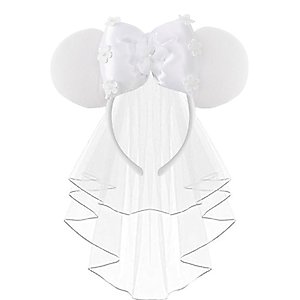 JIAHANG Bridal Veil Mouse Ear Bow Headband with Flowers, White Honeymoon Wedding Headpiece, Bachelorette Party Costume Headwear for Women Girls