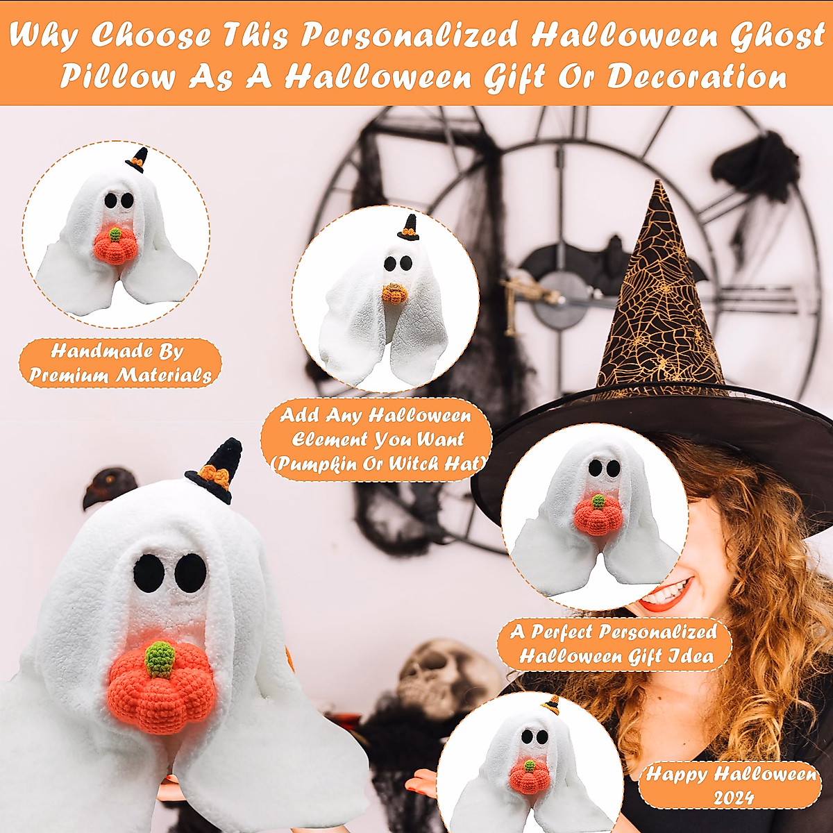 HUAXMADE Personalized Custom Halloween Ghost Pillow with Pumpkin, Gus The Ghost Halloween Knit Plush Soft Pumpkin Pillow for Halloween Decorations