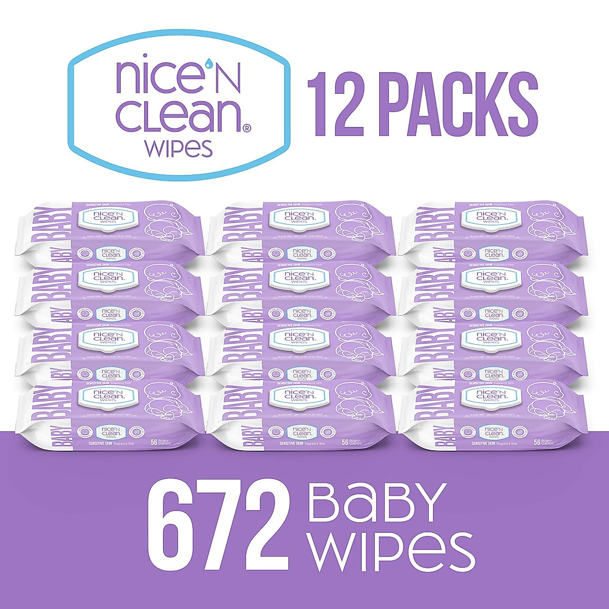 Nice 'n Clean Unscented Baby Wipes (672 Total Wipes) | Ideal for Sensitive Skin | Hypoallergenic, Plastic-Free, Plant-Based Wet Wipes | Made w/ 100% Purified Water