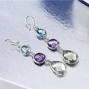 Gem Stone King 925 Sterling Silver Multi Shape Sky Blue Topaz Purple and Green Amethyst Dangle Earrings For Women