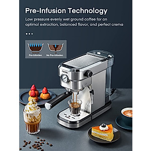 FOHERE Espresso Machine, 15 Bar Espresso and Cappuccino Maker with Milk Frother Steam Wand, Professional Espresso Coffee Machine for Espresso, Cappuccino, Latte and Mocha, Brushed Stainless Steel
