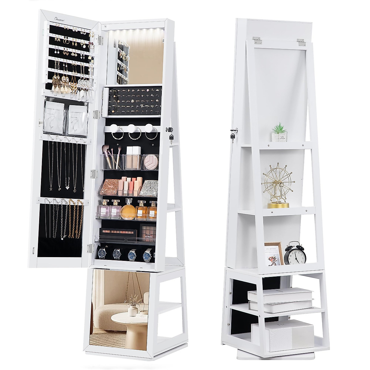 Hzuaneri 16 LEDs Jewelry Cabinet Armoire, 63" H Standing Jewelry Organizer with 360° Rotating Base, Lockable Full-length Mirror, 4-tier Storage Shelves, 4-in-1 design, White JC16003B