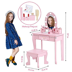 ShiningLove Kids Vanity Set with Mirror,Kids Vanity Table and Chair Set Girls' Makeup Dressing Table with Lights & Wood Makeup Playset for Age 4-9 Years