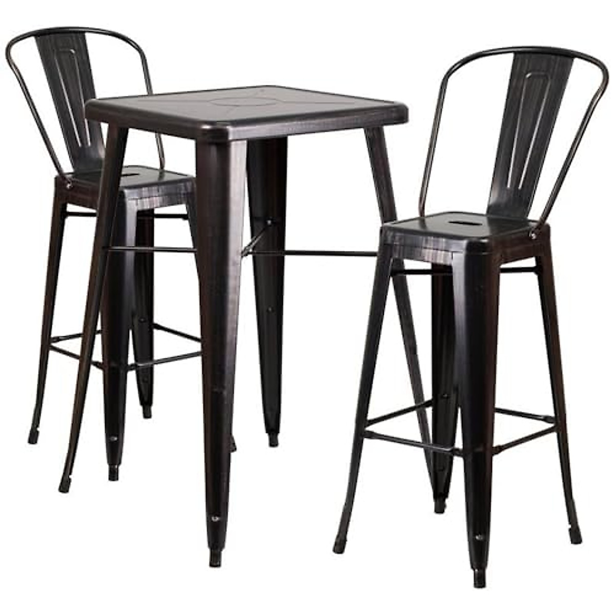 Flash Furniture Commercial Grade 23.75" Square Black-Antique Gold Metal Indoor-Outdoor Bar Table Set with 2 Stools with Backs