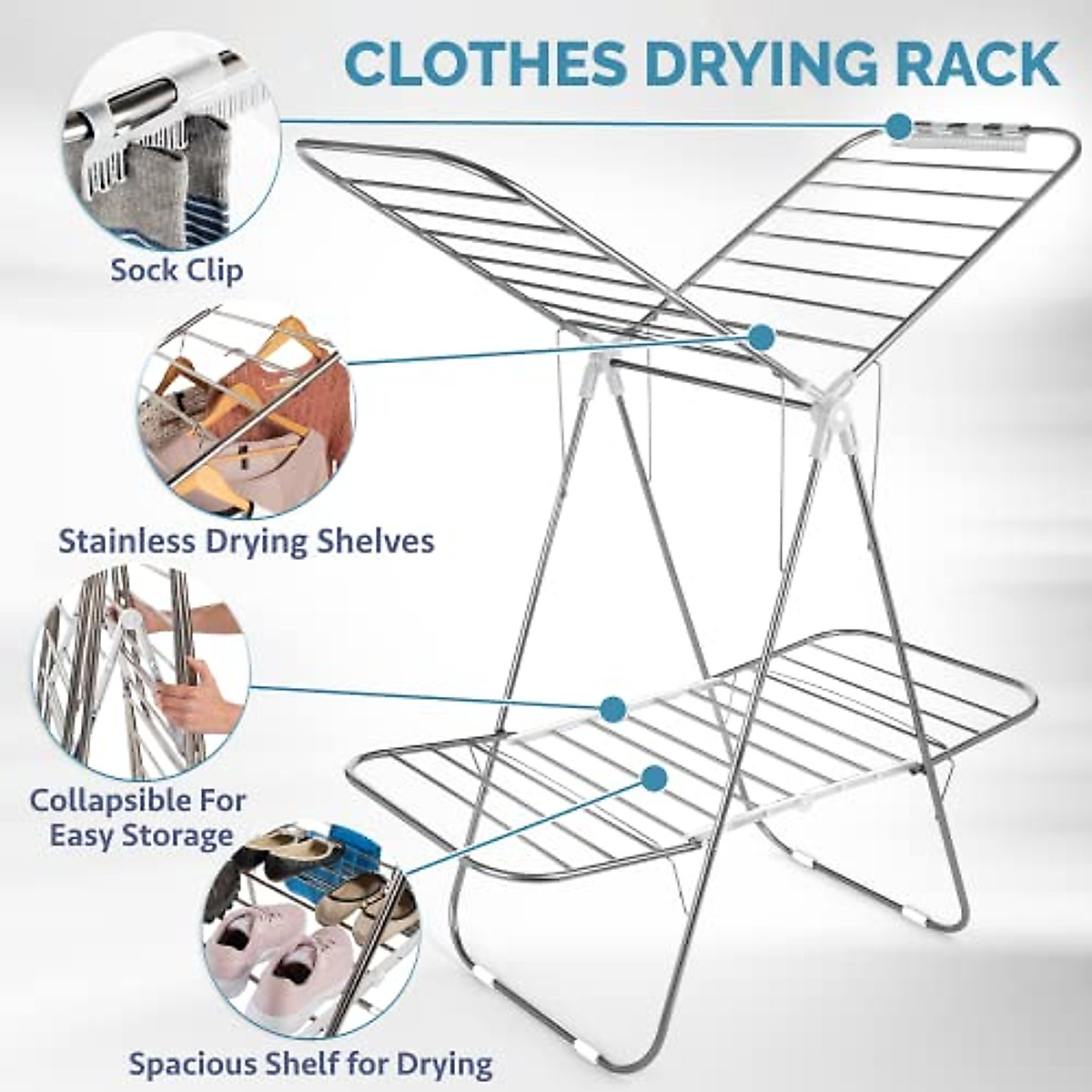 Luxe Laundry Premium Clothes Drying Rack, Foldable 2-Layer Stainless Steel Drying Rack, Free Standing with Height Adjustable Wings, Stainless Steel, Sock Clips, Towel Rack, Clothes, White
