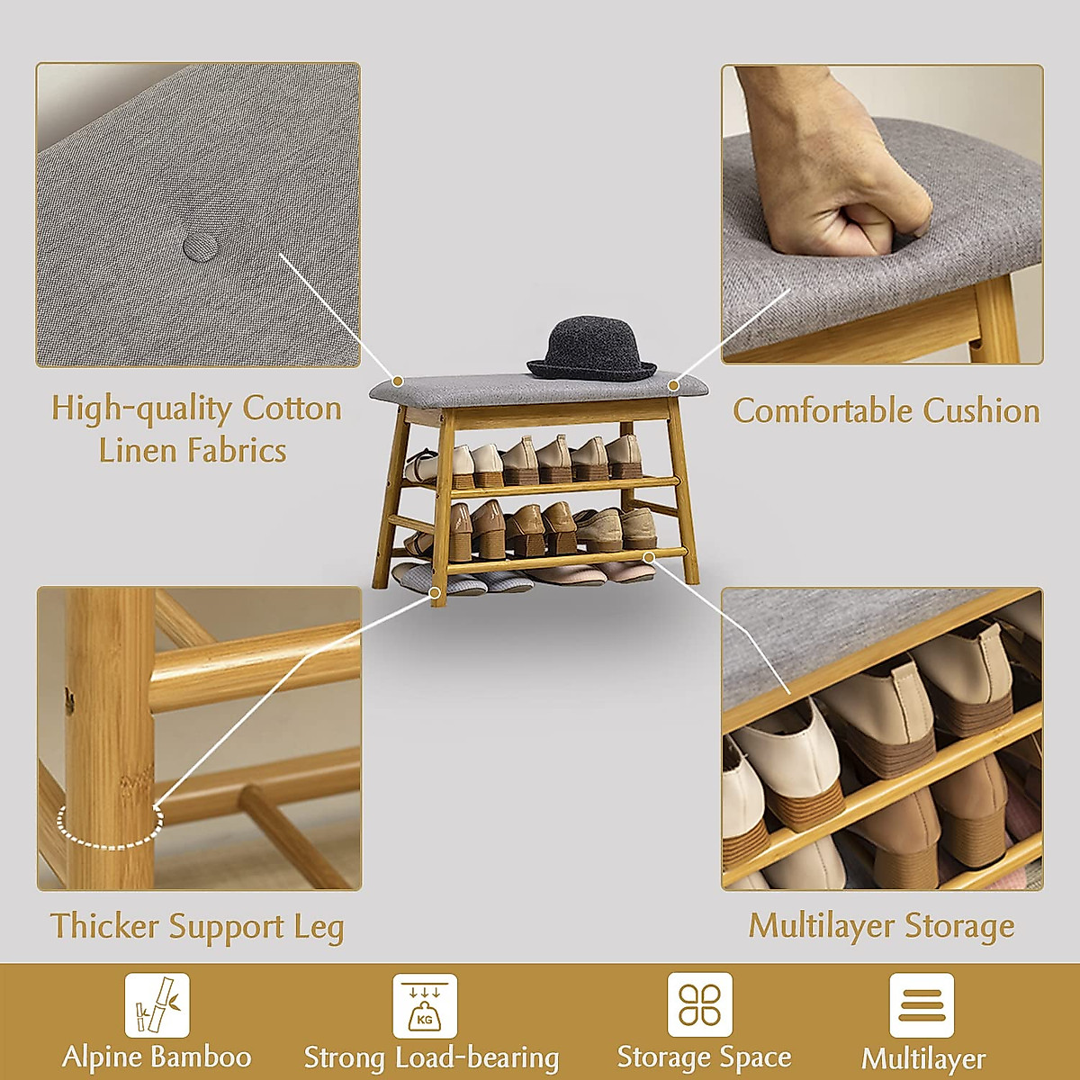 IOTXY Shoe Rack Storage Bench - Bamboo Shoe Shelf with Cushioned Seat and Organizer Compartment, Upholstered Bench for Entryway, Hallway, Bedroom, 27.6"