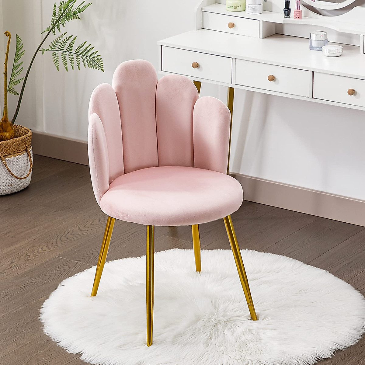 BOWTHY Vanity Chair for Makeup Room - Midcentury Modern Accent Velvet Chair with Back Support, Gold Legs for Living Room Bedroom (Pink)