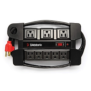 D'Addario Accessories Tour-Grade Power Base - Base Protector - Stage Power Strip with 6 ft Cable - 5 Standard and 3 Transformer- Guitar Amp Outlet - Music Surge Protector with Indicator Light