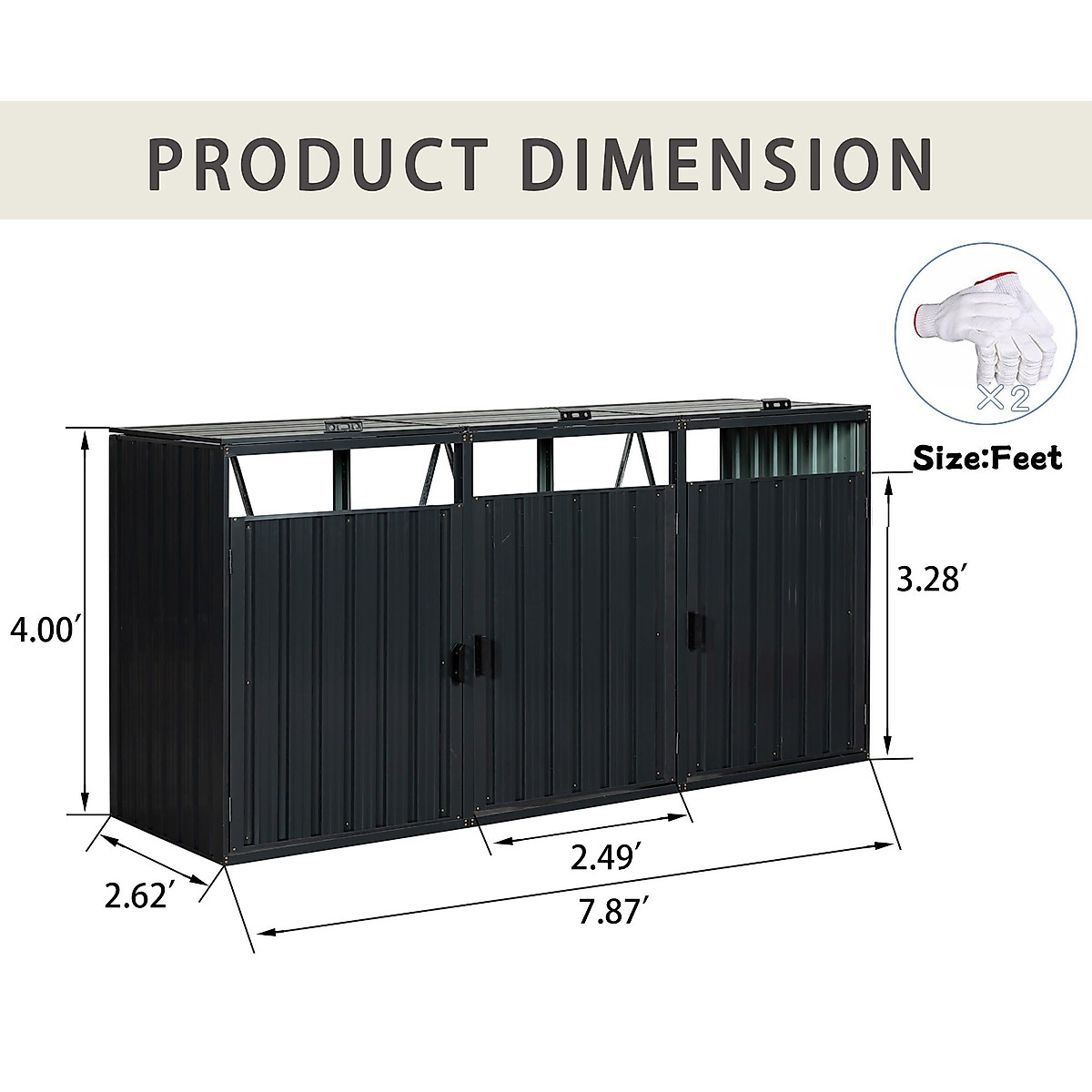 Outdoor Garbage Bin Storage Shed Galvanized for 3 Trash cans with Lockable Doors Metal Outdoor Trash Can Storage Shed for Garden Yard Lawn(Black-3)