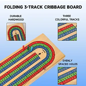 GSE Wooden Folding 3-Track Color Coded Travel Cribbage Board with 6 Plastic Pegs, Wooden Travel Portable Cribbage Board Game Set