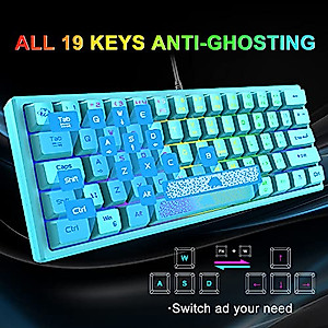 60% Gaming Keyboard and Mouse Combo Rainbow LED Backlit Keyboard with 61 Keys Membrane Mini Portable Ergonomic Design Ultralight Gaming Mouse 6400 DPI,Gaming Mouse Pad for Windows PC Gamers(Blue)