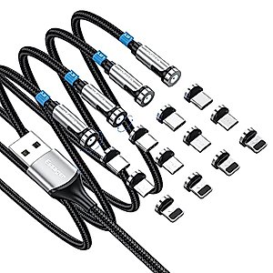 ESSAGER Magnetic Charging Cable 4 Pack(3.3+3.3+6.6+6.6) ft, 360°& 180°Rotation Magnetic Charger Cable with LED Compatible with USB C Type-c Micro 3 in 1 Charger Cable(Black)