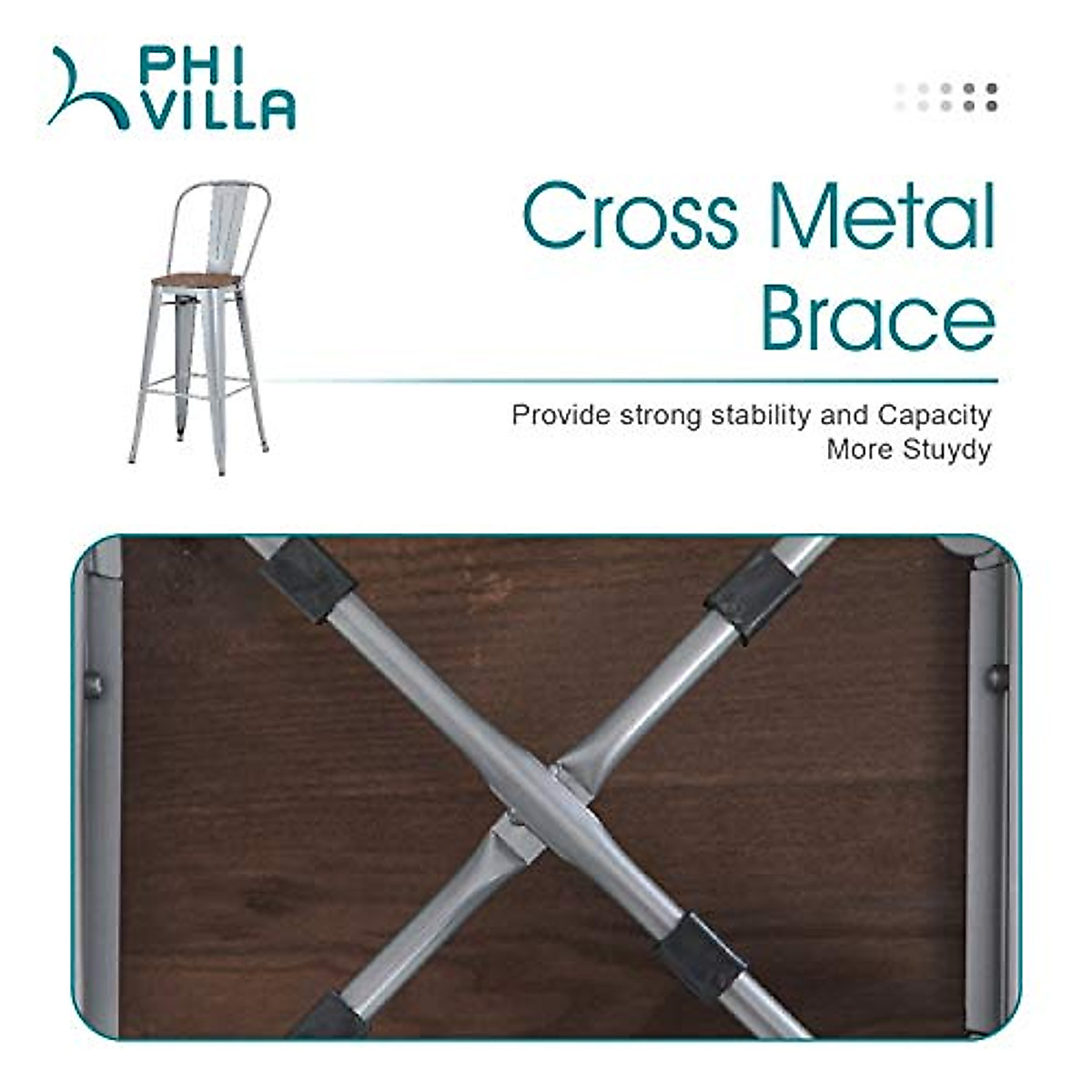 PHI VILLA Metal Patio Bar Stools Set of 4, 30 inches Counter Height Stools with Wooden Seat and High Back, Industrial Style Bar Chairs for Indoor & Outdoor, Pub, Kitchen Island - Matte Grey