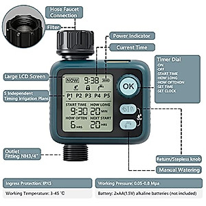 Sprinkler Timer with Rain Sensor and 5 Separate Watering Irrigation Programs, Diivoo Water Hose Timer with Auto & Manual Mode, IPX5 Waterproof for Garden, Outdoor Lawn, Pool