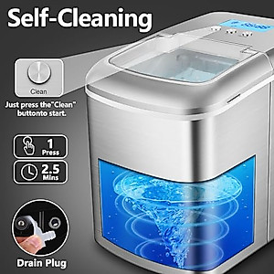 KUMIO Ice Makers Countertop with Self-Cleaning, 9 Pcs/6-8 Mins, 26.5 Lbs/24 Hrs, 2.1L Water Tank, 2 Sizes of Bullet Ice for Home/Party, LCD Digital Control Panel, Ice Basket & Scoop, Stainless Steel