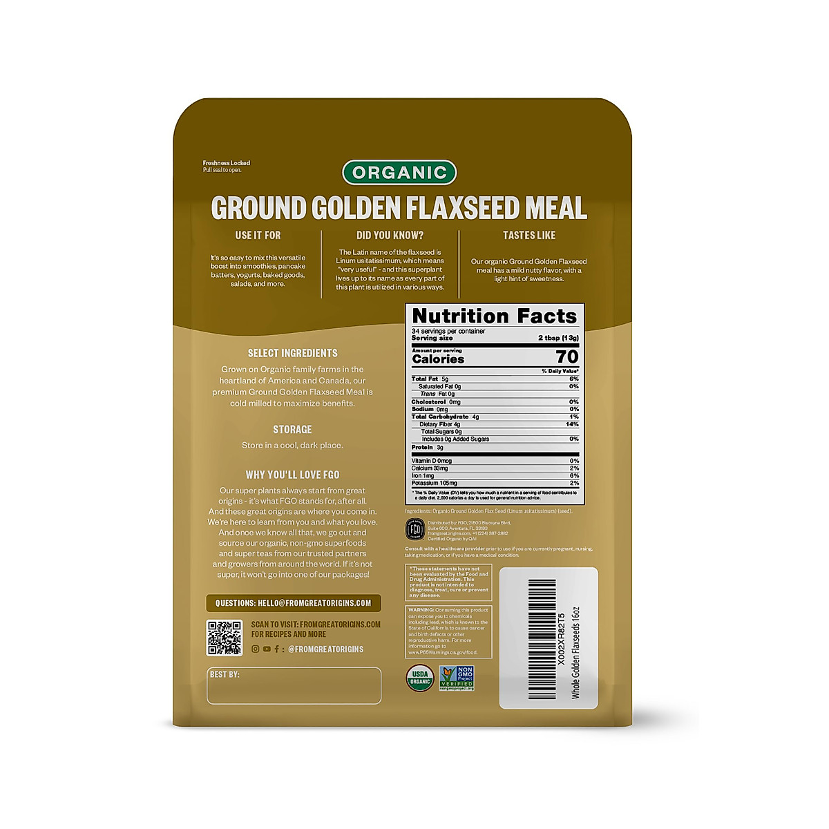 FGO Organic Ground Golden Flaxseed Meal, Cold Milled, Grown in USA, 16oz, Packaging May Vary (Pack of 1)