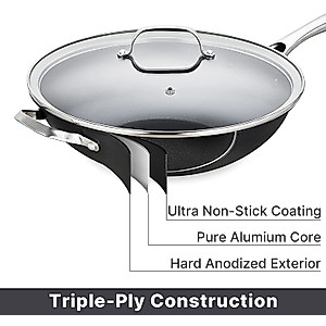 Qstar 12 inch Hard-Anodized Nonstick Wok Stir-Fry Pan with Lid and Stainless Steel Handle, Flat Base Pan, Dishwasher Safe